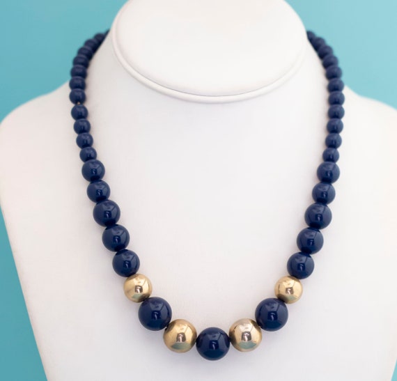 Vintage Elegant Blue & Gold Tone Spheres Beaded Neckl… - Gem