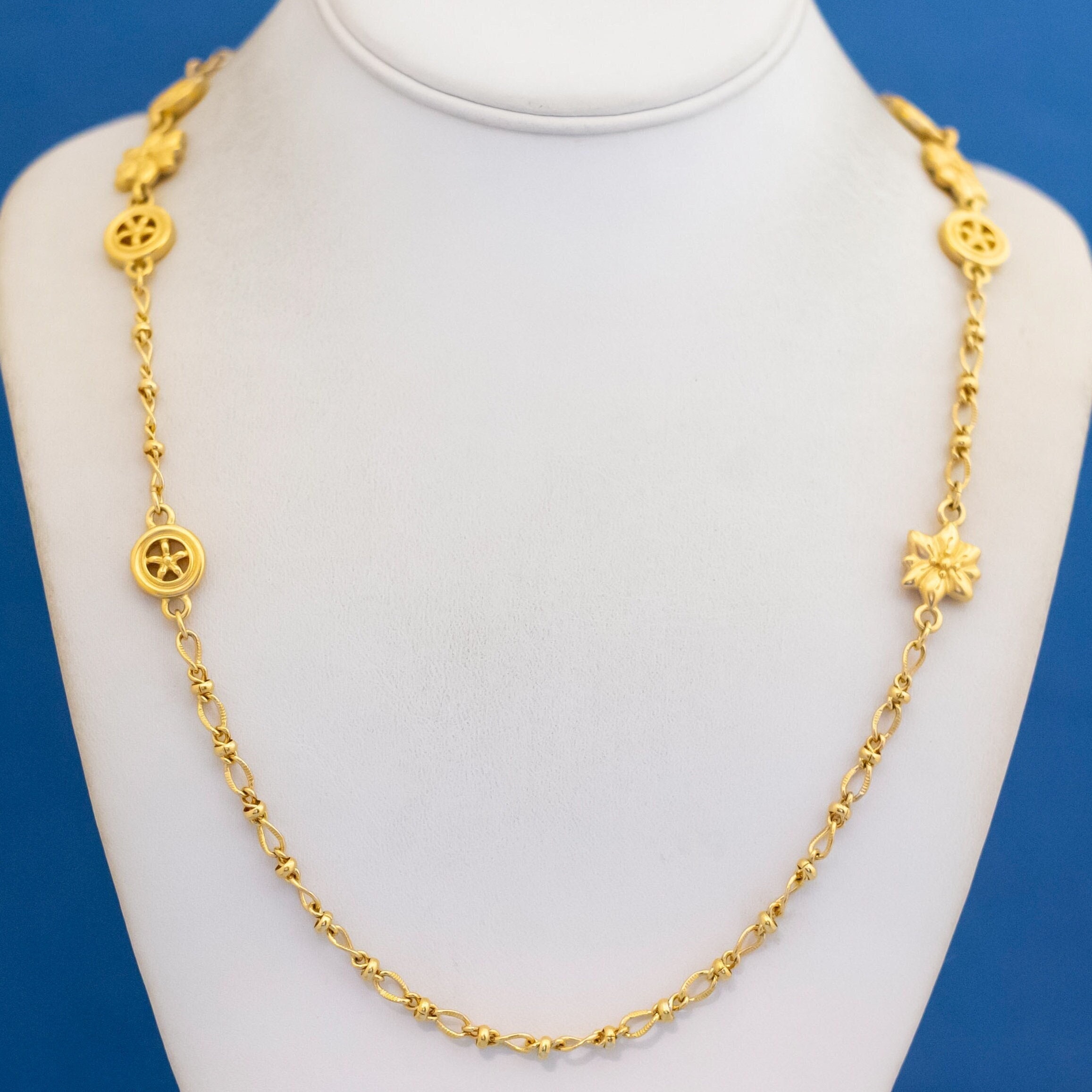 36 Inch, Vintage Gold Tone Wheel Charms Floral Stylish Chain Necklace ...