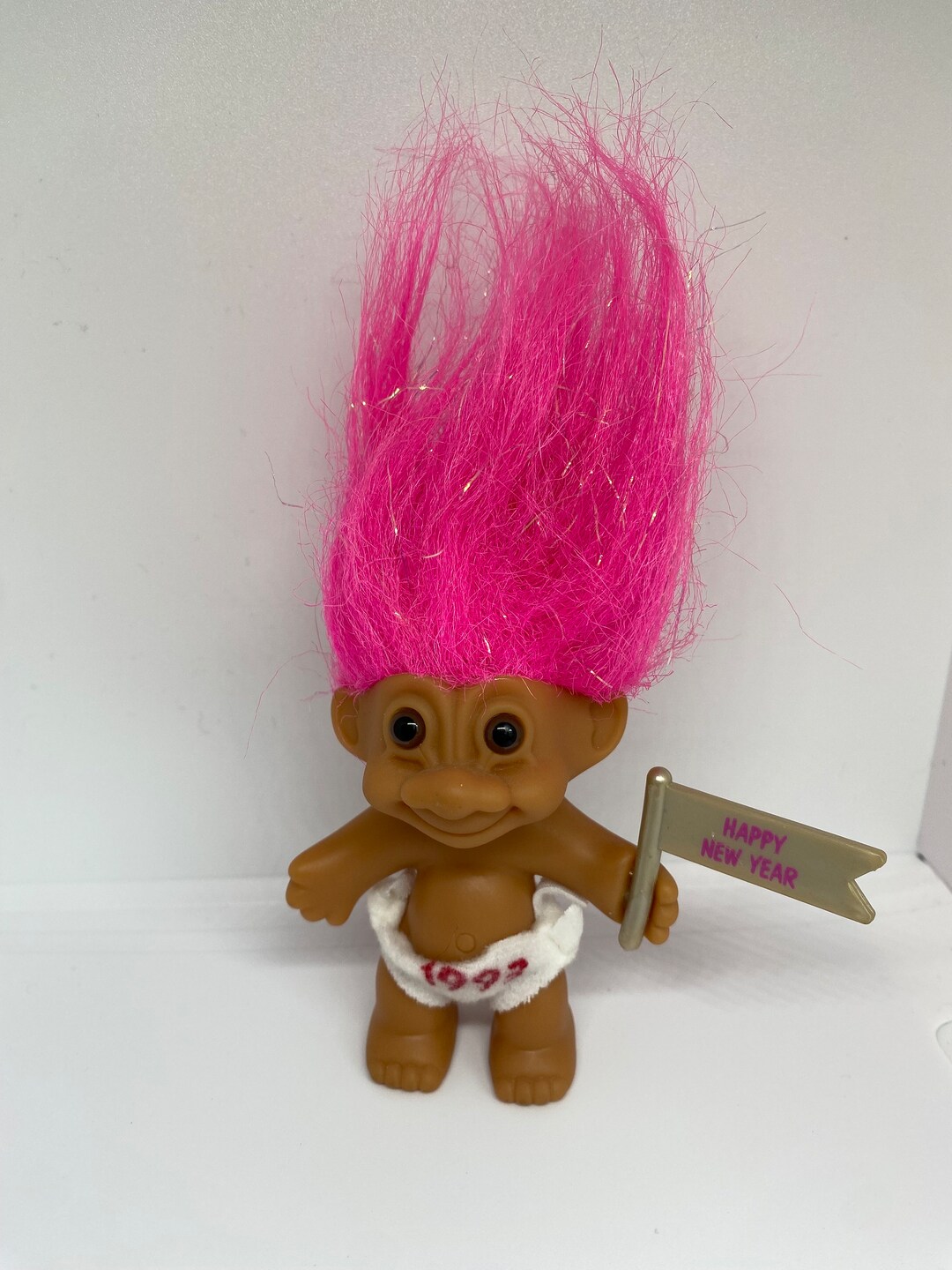 Vintage Russ Troll Doll Pink Hair Brown Eyes 3” Happy New Year Glitter ...