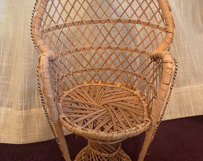 Mini Peacock Fan Back Wicker Rattan Chair 16” Doll Chair/plant Stand ...
