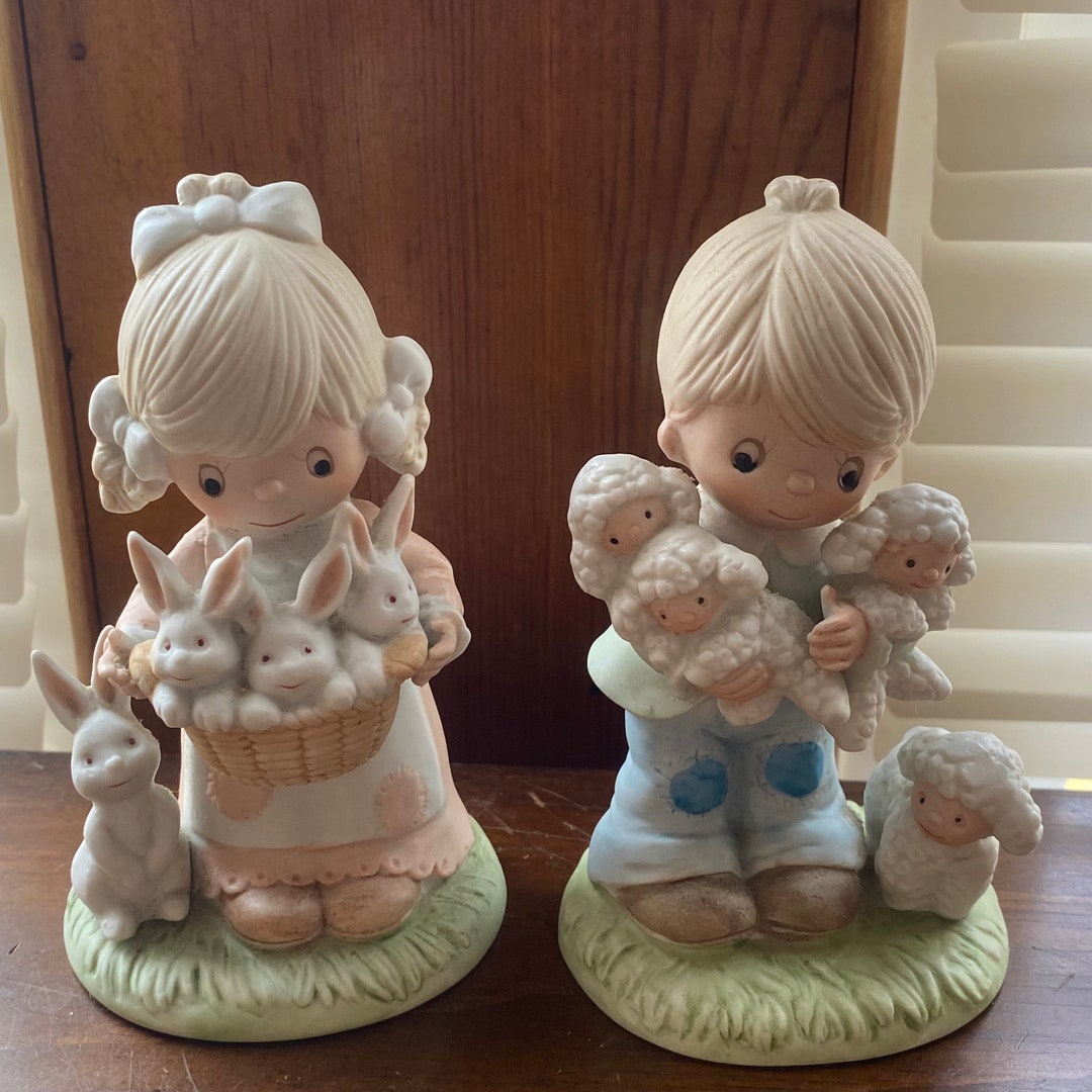 Vintage Homco Porcelain Figurines Boy With Lambs and Girl With Bunnies ...