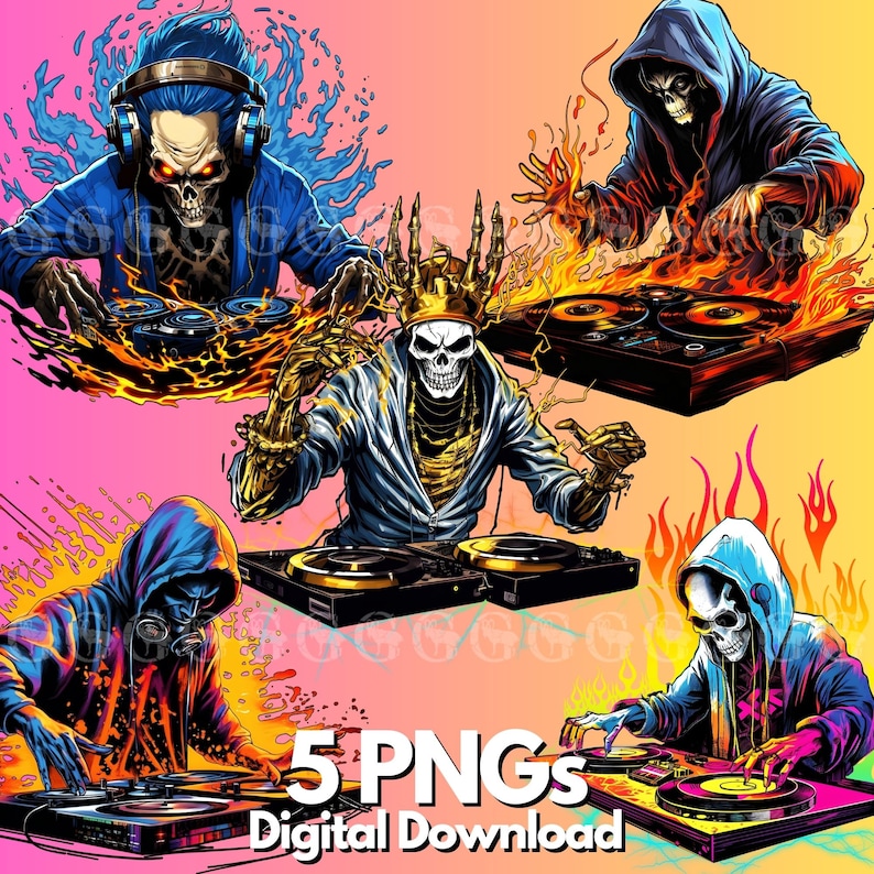 Skull DJ PNG Bundle (set 1), Skeleton DJ, Streetwear, Disc Jockey ...