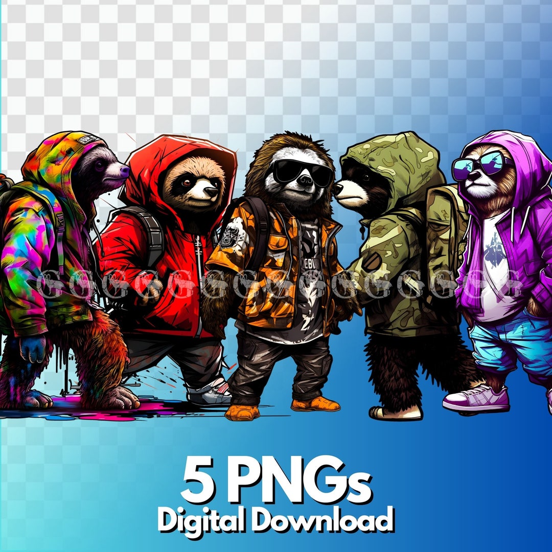 Sloths Wearing Urban Streetwear PNG Bundle, Sloths, Sloth, Cool Sloths ...