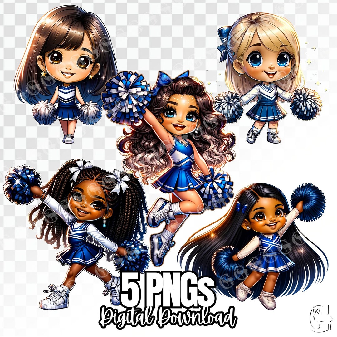 Cheerleader Girls (multi-racial) PNG Bundle, White and Blue Uniforms ...