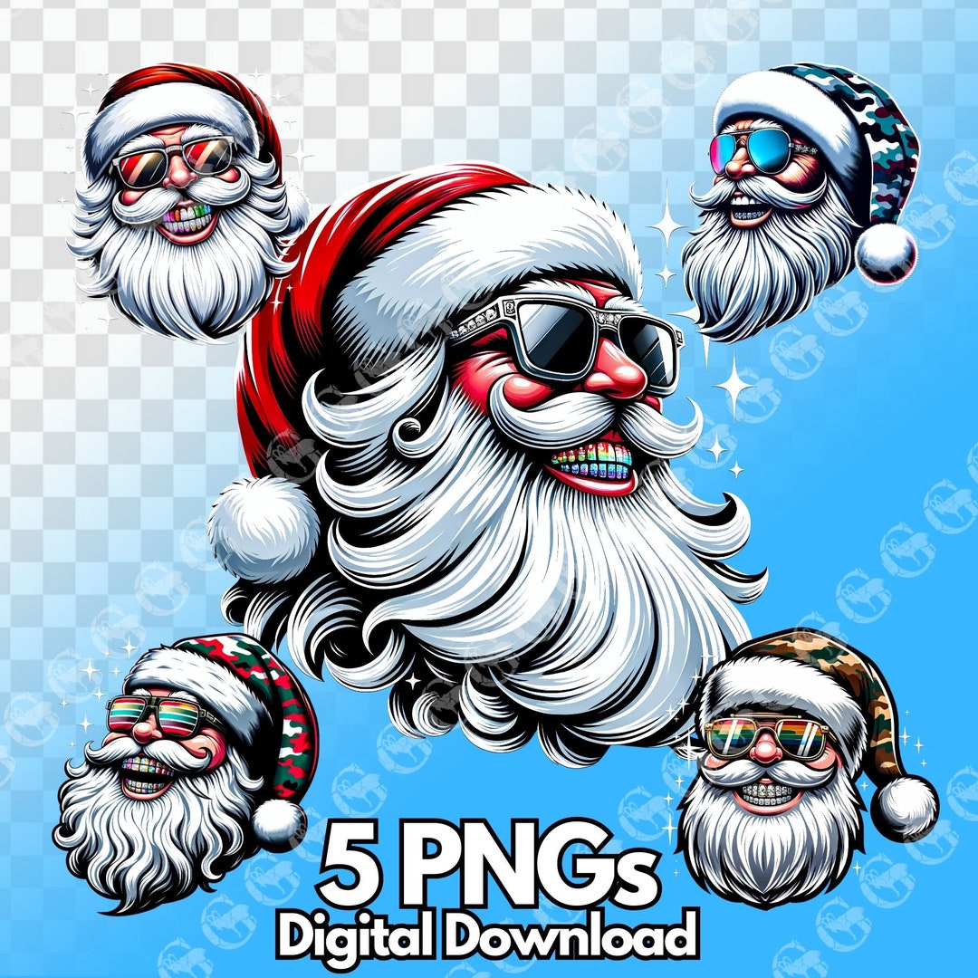 Cool Santa Face With Rainbow Grill PNG Bundle, Hip-hop Santa, Camo ...