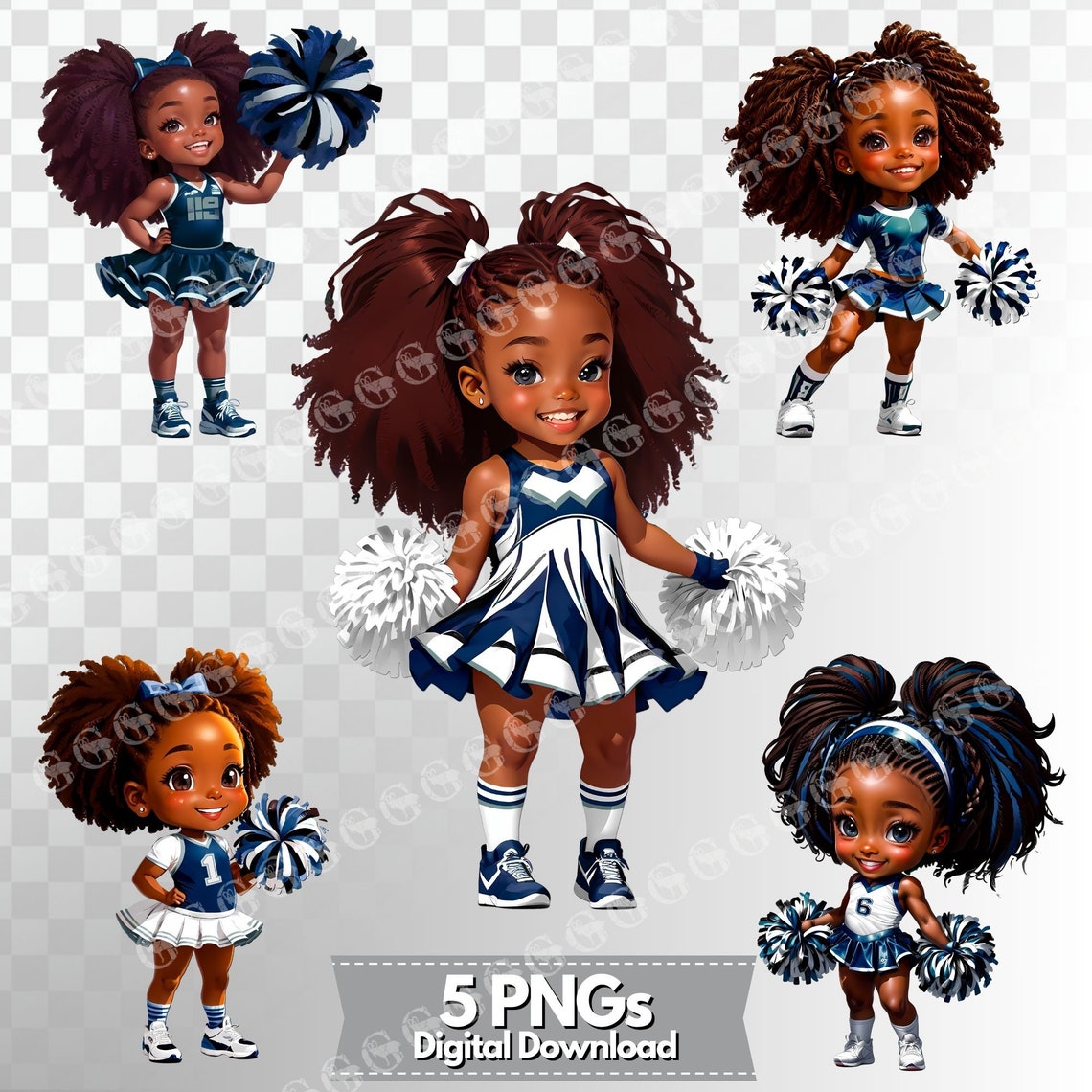 Blue Silver White Cheerleaders PNG Bundle, Black Girl Cheerleaders ...