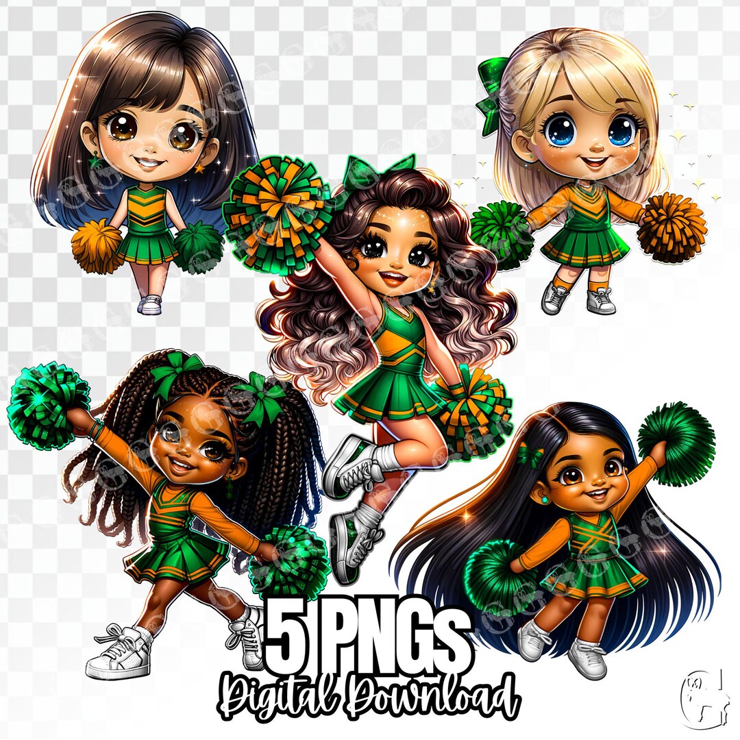 Green and Orange Uniform Cheerleader Girls (multi-racial) PNG Bundle ...