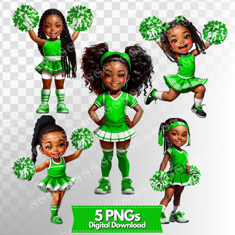 Green and White Cheerleader PNG Bundle, African American Cheerleaders, Cute Black Cheerleaders ...