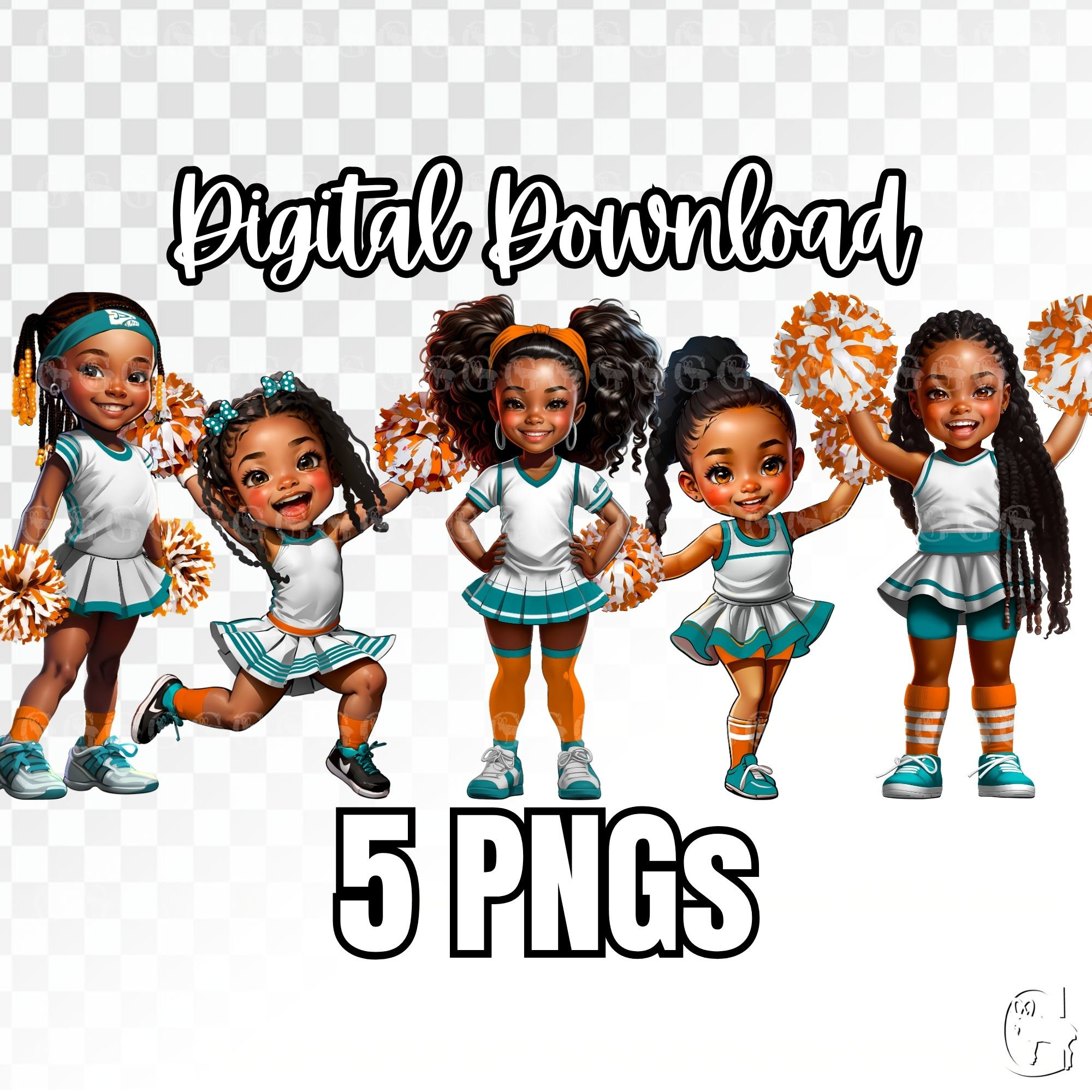 Youth African American Cheerleaders PNG Bundle, White Teal Orange ...