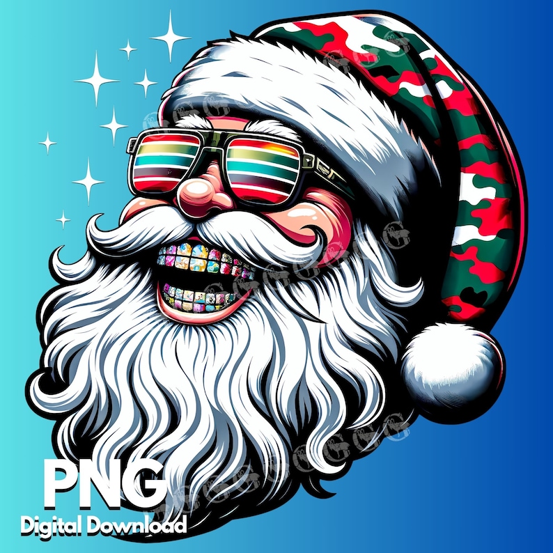 Cool Santa Face With Rainbow Grill PNG Bundle, Hip-hop Santa, Camo ...