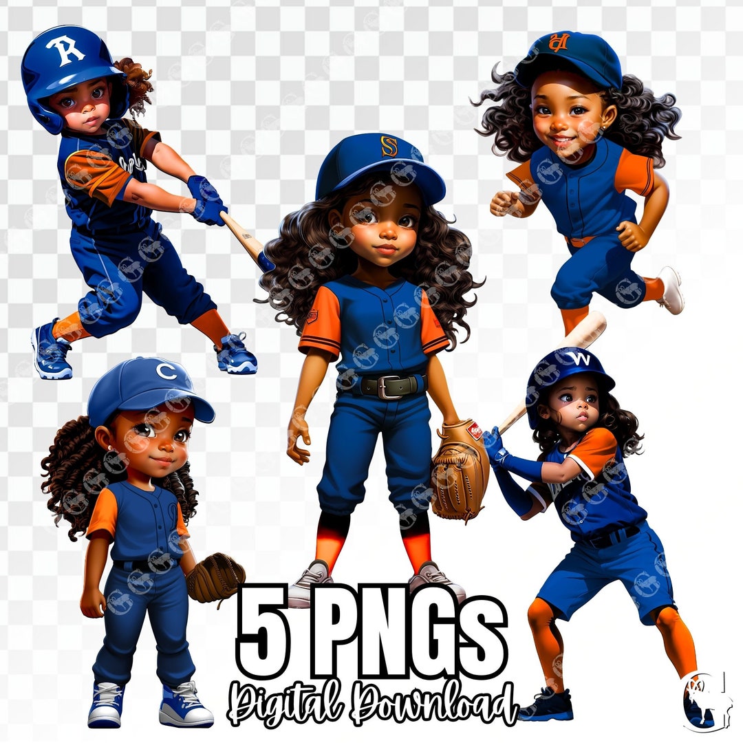 African American Baseball Girls Wearing Blue and Orange Uniforms PNG ...