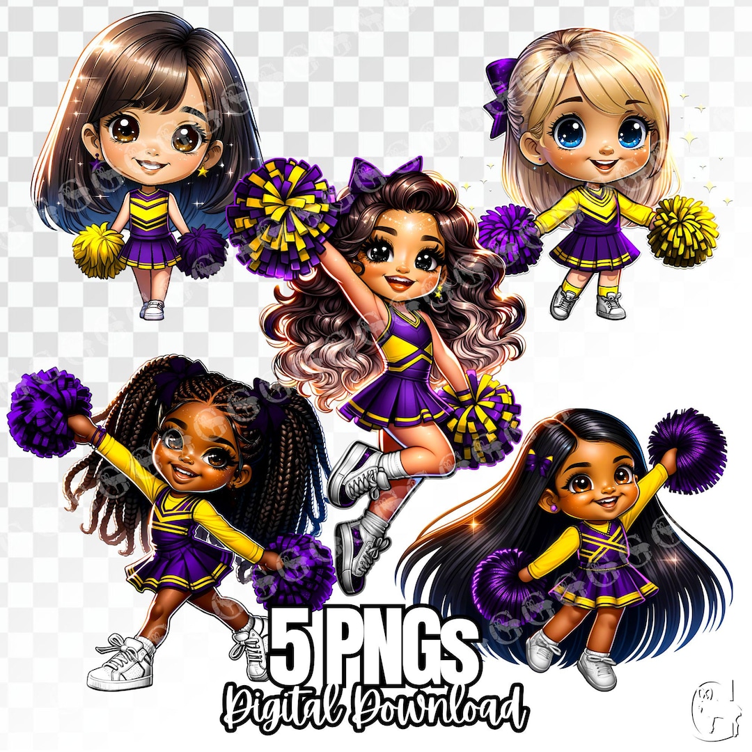 Purple and Yellow Uniform Cheerleader Girls (multi-racial) PNG Bundle ...