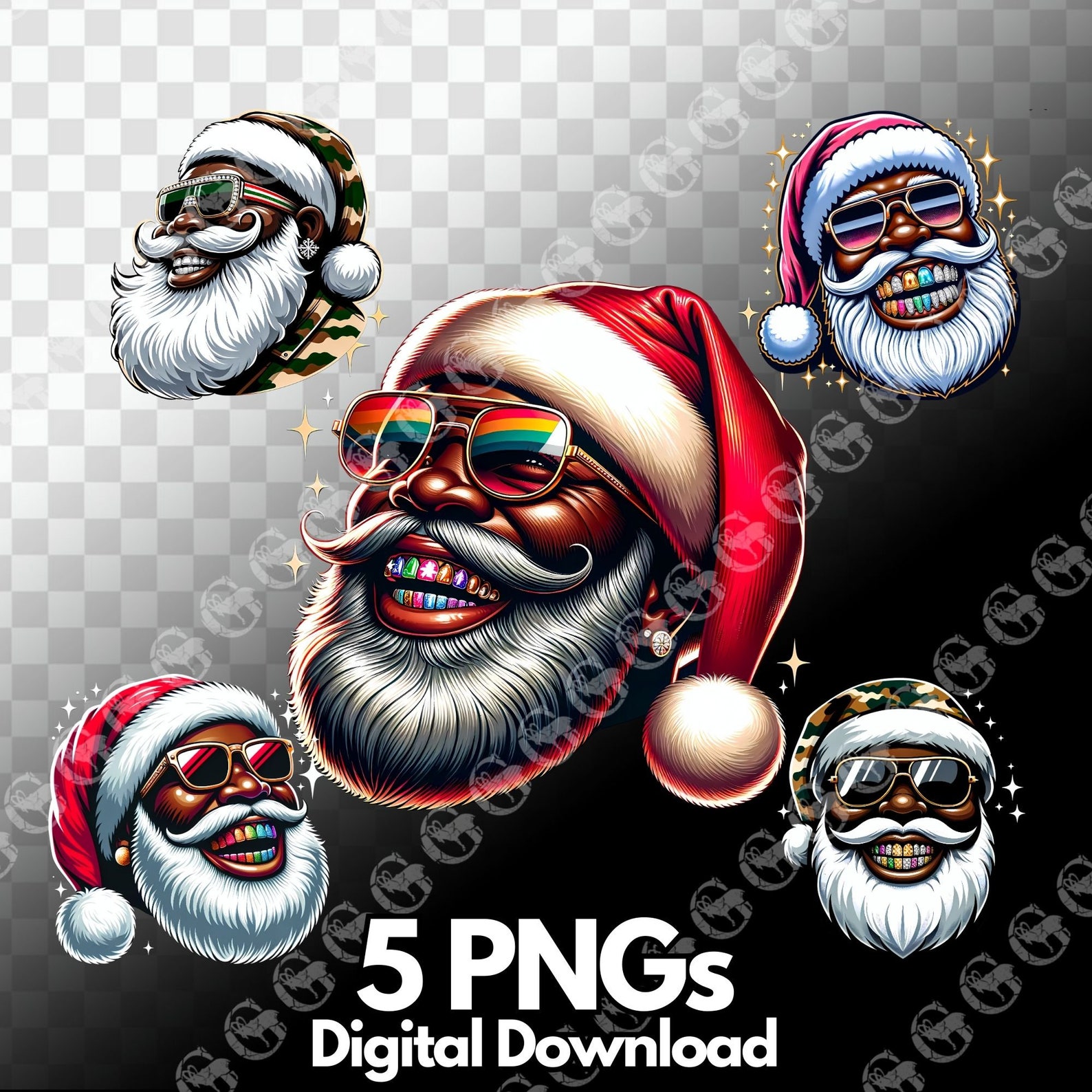 Black Santa With Rainbow Grill face Only PNG Bundle, African American ...