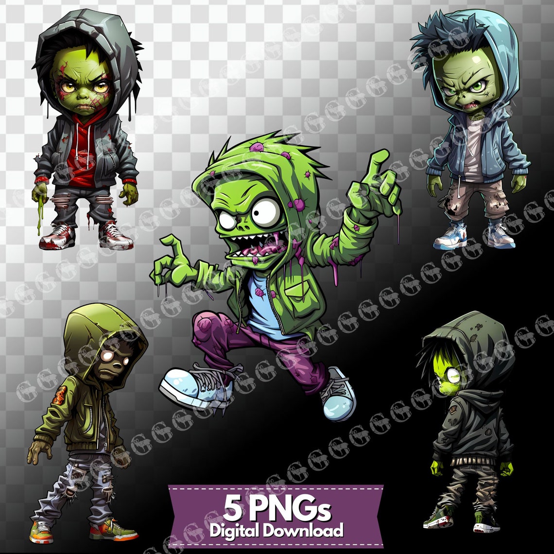 Cartoon Style Halloween Zombies PNG Bundle, Urban Streetwear Zombies ...