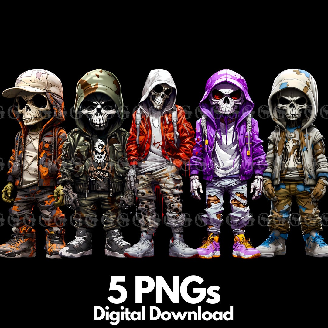 Cool Halloween Skeletons Clipart PNG Bundle, Urban Streetwear Skeleton ...