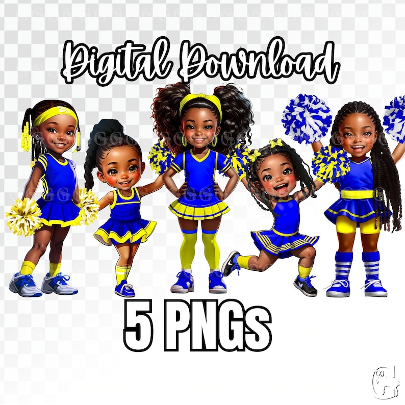 Youth African American Cheerleaders PNG Bundle, Royal Blue and Yellow ...