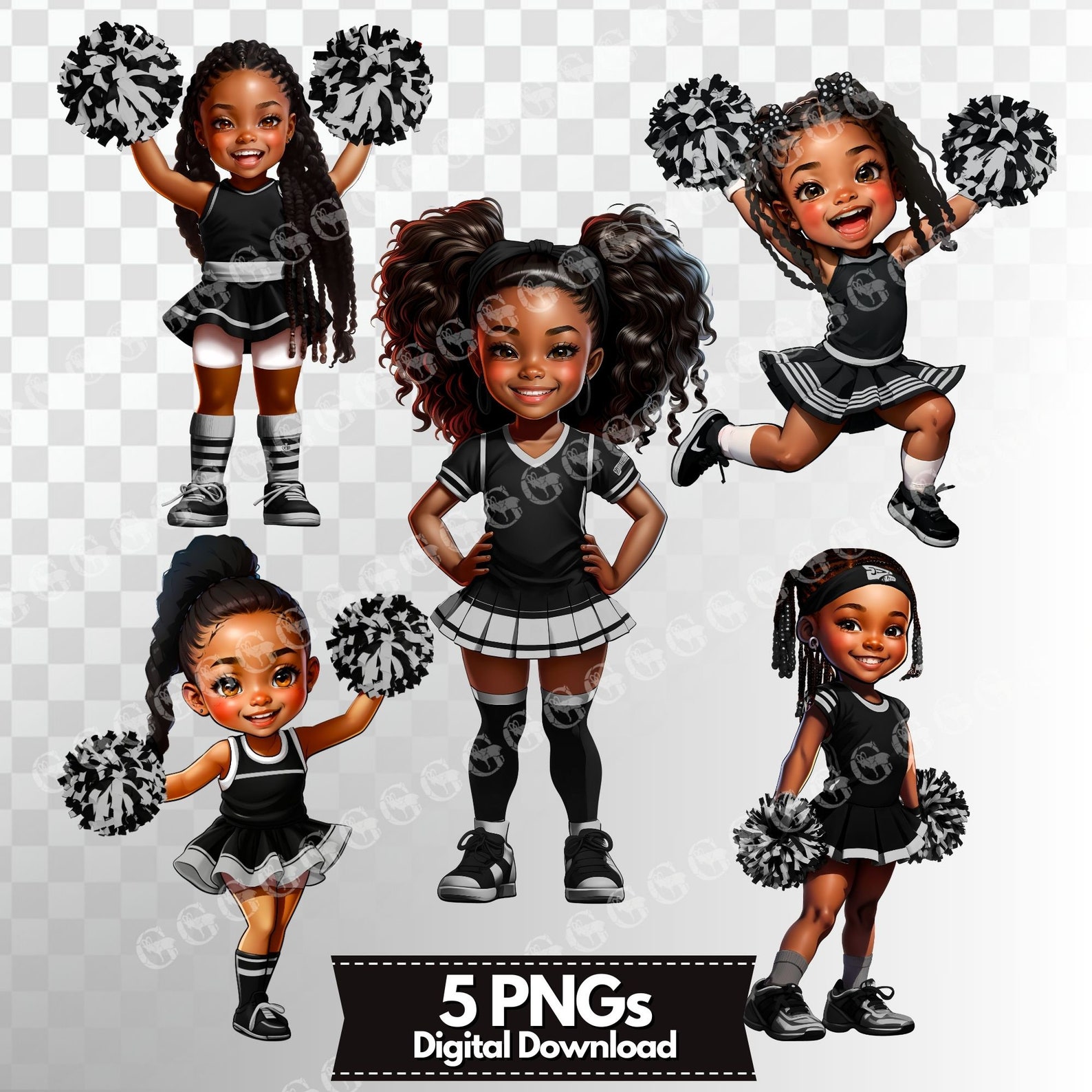 Black and Silver Cheerleaders PNG Bundle, African American Cheerleaders ...
