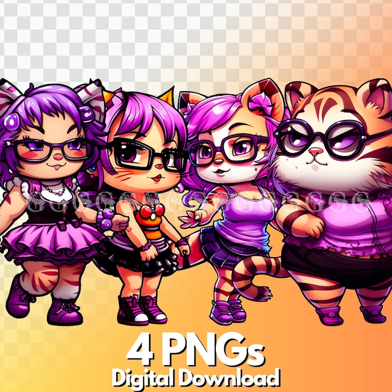 Kawaii Style Tiger Cat Girls PNG Bundle, Tigress, Cartoon, Clipart ...