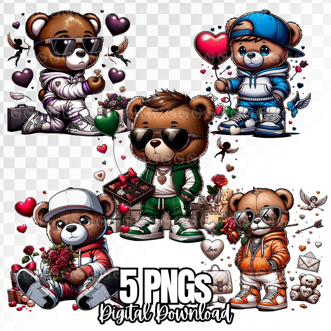 Valentines Day Teddy Bears PNG Bundle, Streetwear Bears, Valentines Day ...