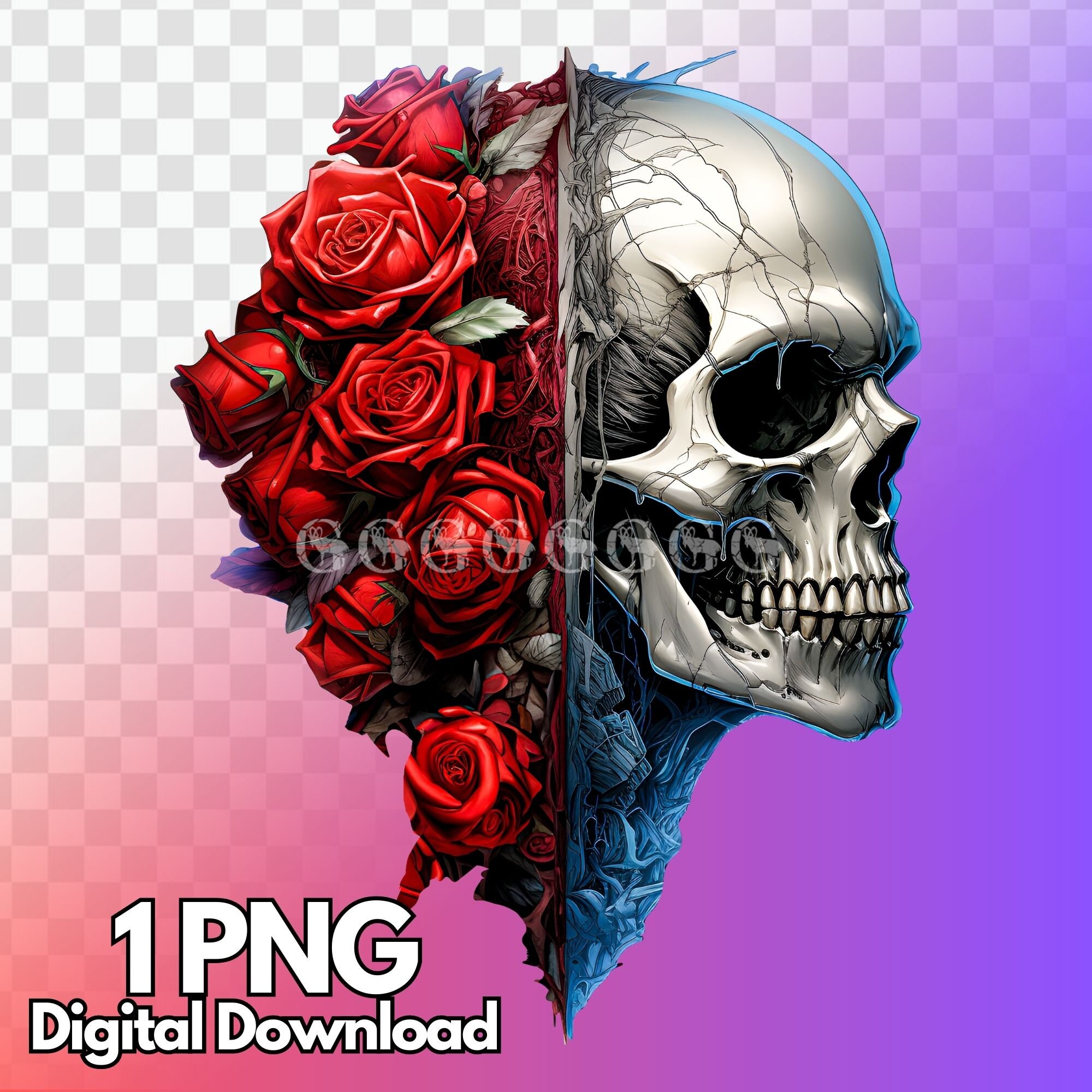 Half Red Roses Half Skull PNG, Digital Image, Roses, Skull, Transparent ...