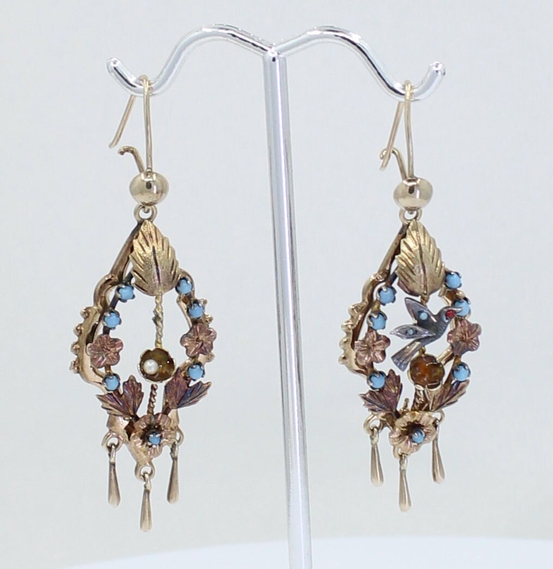 Vintage Bird Swallow Nest Turquoise Pendant Earrings Set 12K Gold ...