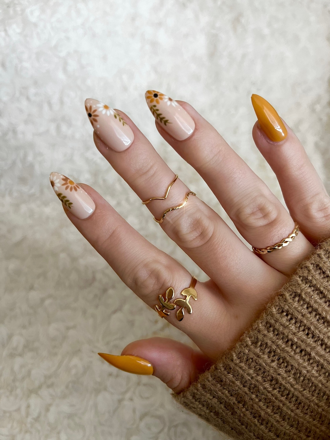 Floral Fall Nails, Mustard Fall Nails, Deep Yellow Fall Nails, Floral ...