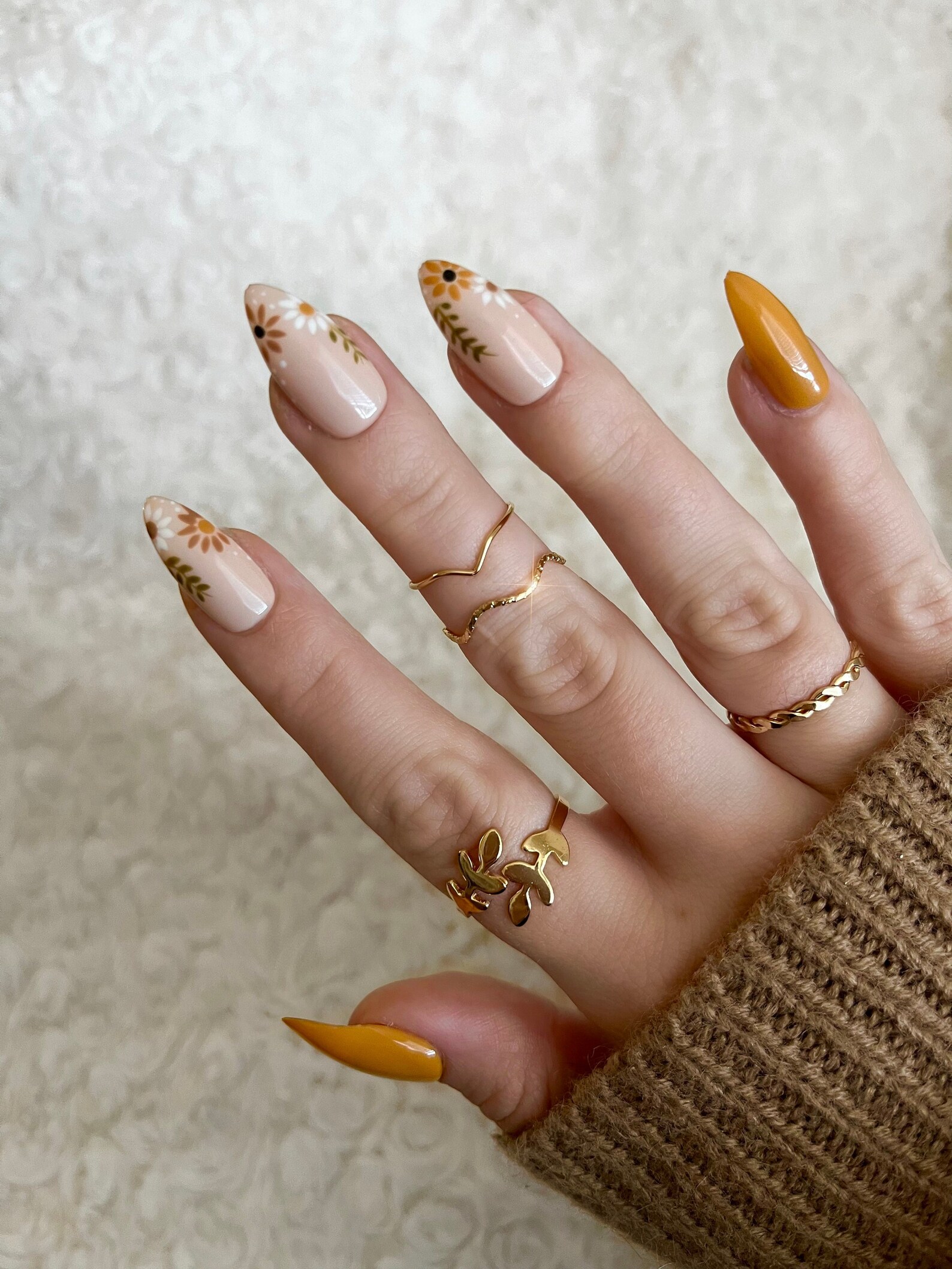 Floral Fall Nails, Mustard Fall Nails, Deep Yellow Fall Nails, Floral ...