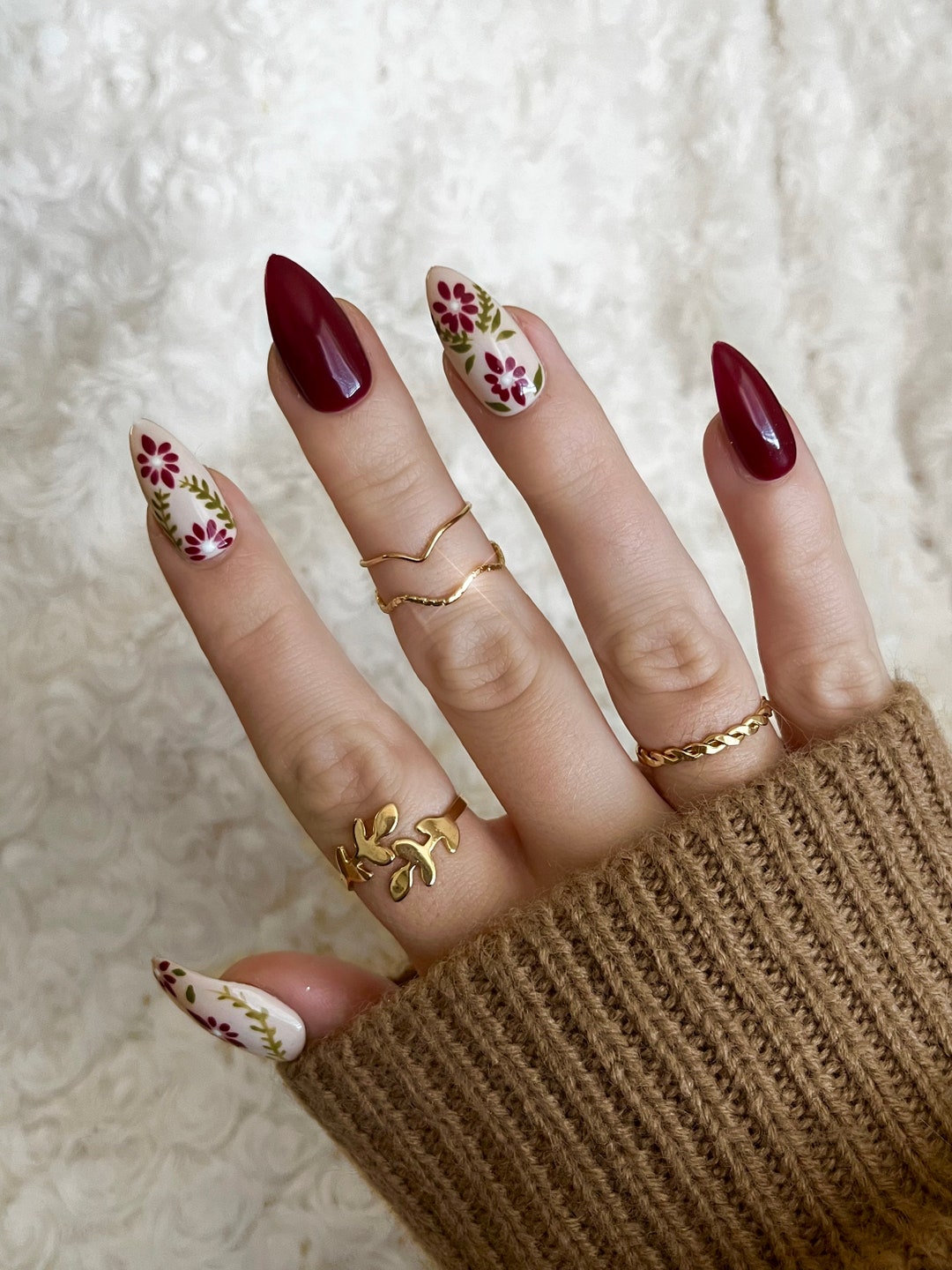 Boho Fall Press on Nails, Fall Press on Nails, Burgundy Press on Nails ...