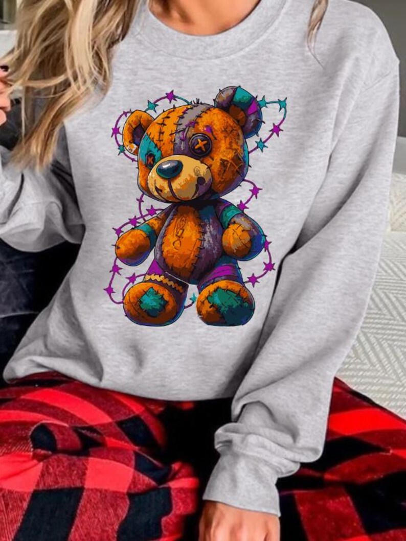 Creepy Teddy Bear Sweatshirt Women PNG Design - Halloween Patchwork ...