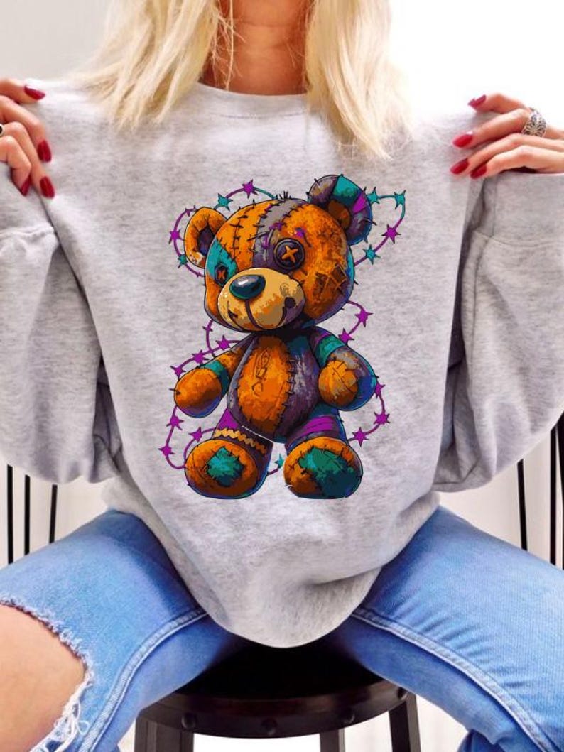 Creepy Teddy Bear Sweatshirt Women PNG Design - Halloween Patchwork ...