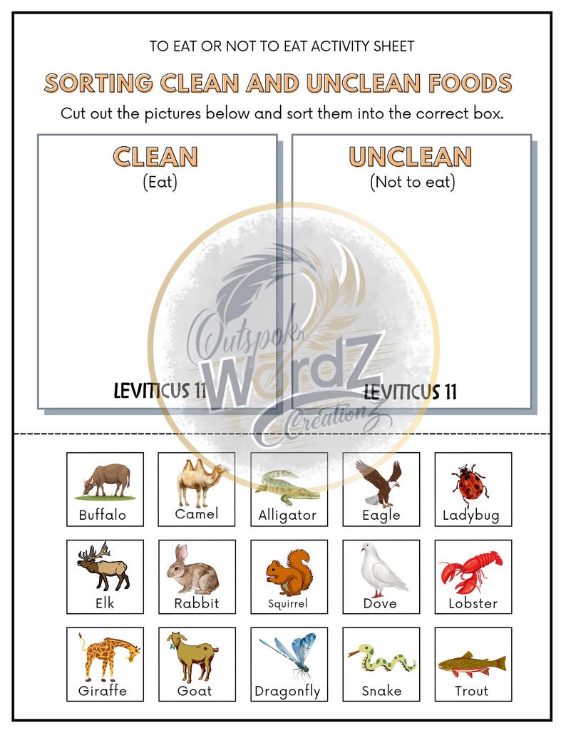 Clean & Unclean Animals Sorting Activity | Leviticus 11 Bible Printable ...