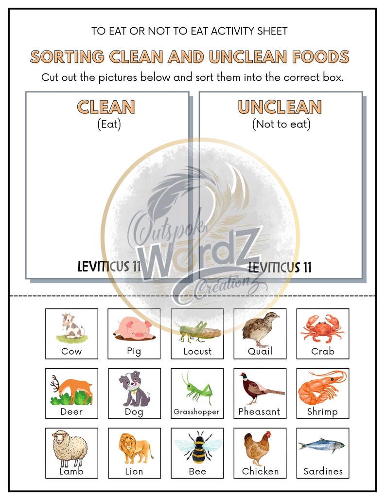 Clean & Unclean Animals Sorting Activity | Leviticus 11 Bible Printable ...