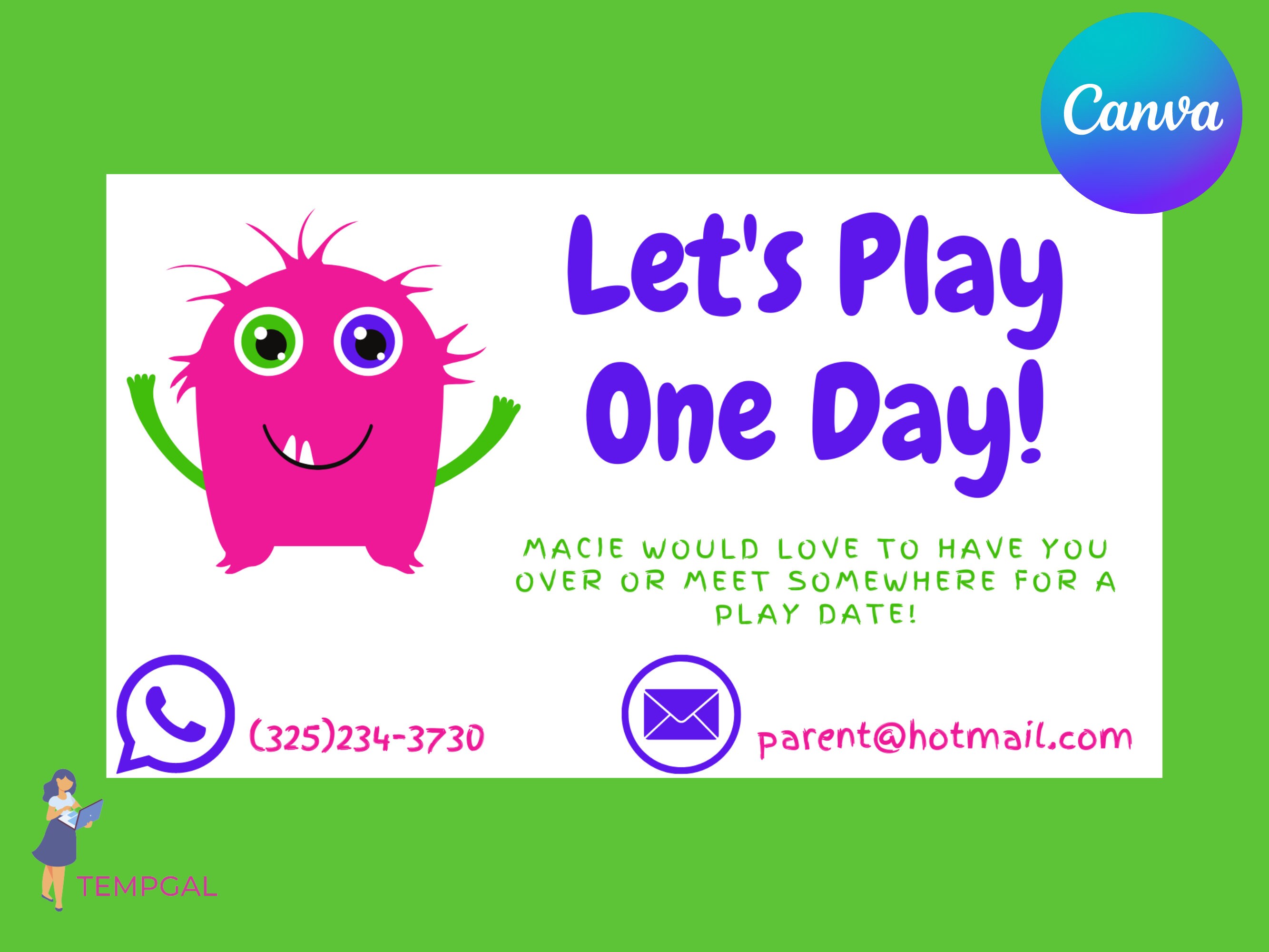 Editable Calling Card Templateplaydate Card - Etsy