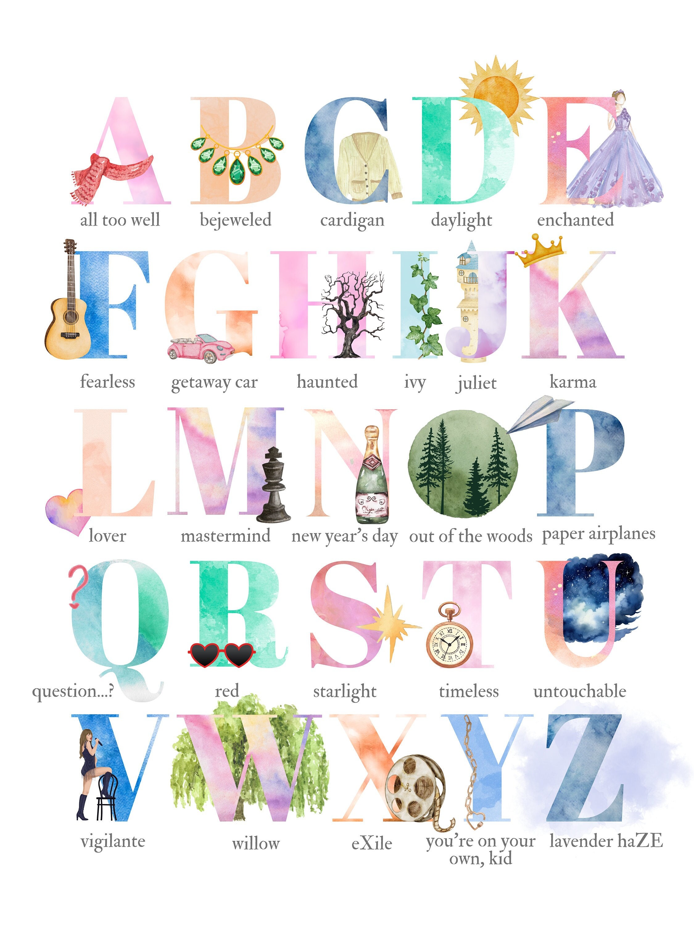 Taylor Swift Swiftie Alphabet Nursery or Playroom Digital Print for ...
