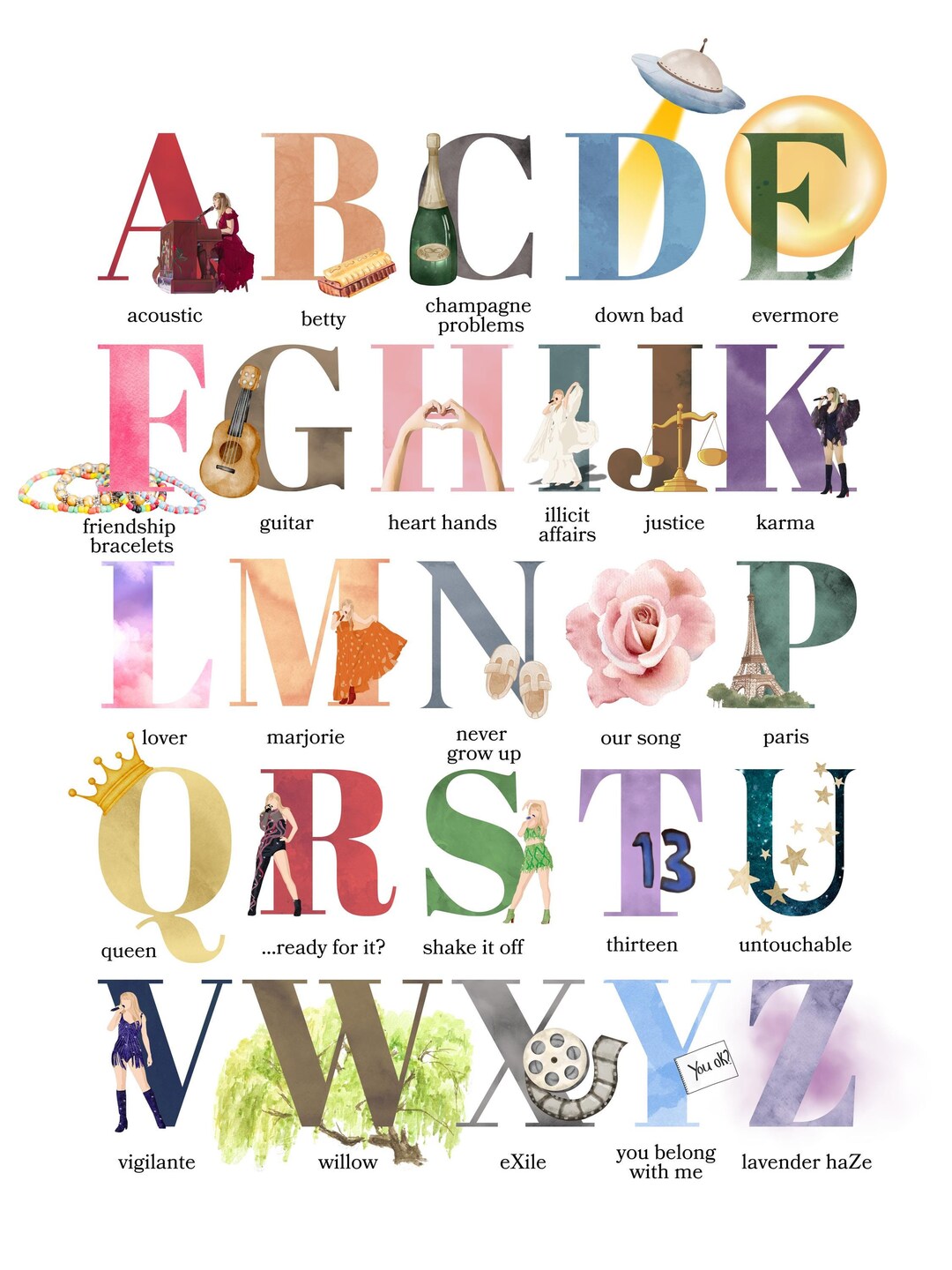 Taylor Swift Swiftie Eras Tour Alphabet Nursery or Playroom Digital ...