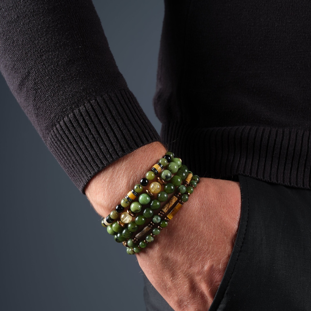 Set of 5 Real Jade Men Beaded Bracelet, Summer Jewelry for Him, Crystal Bracelets for Women Set ...