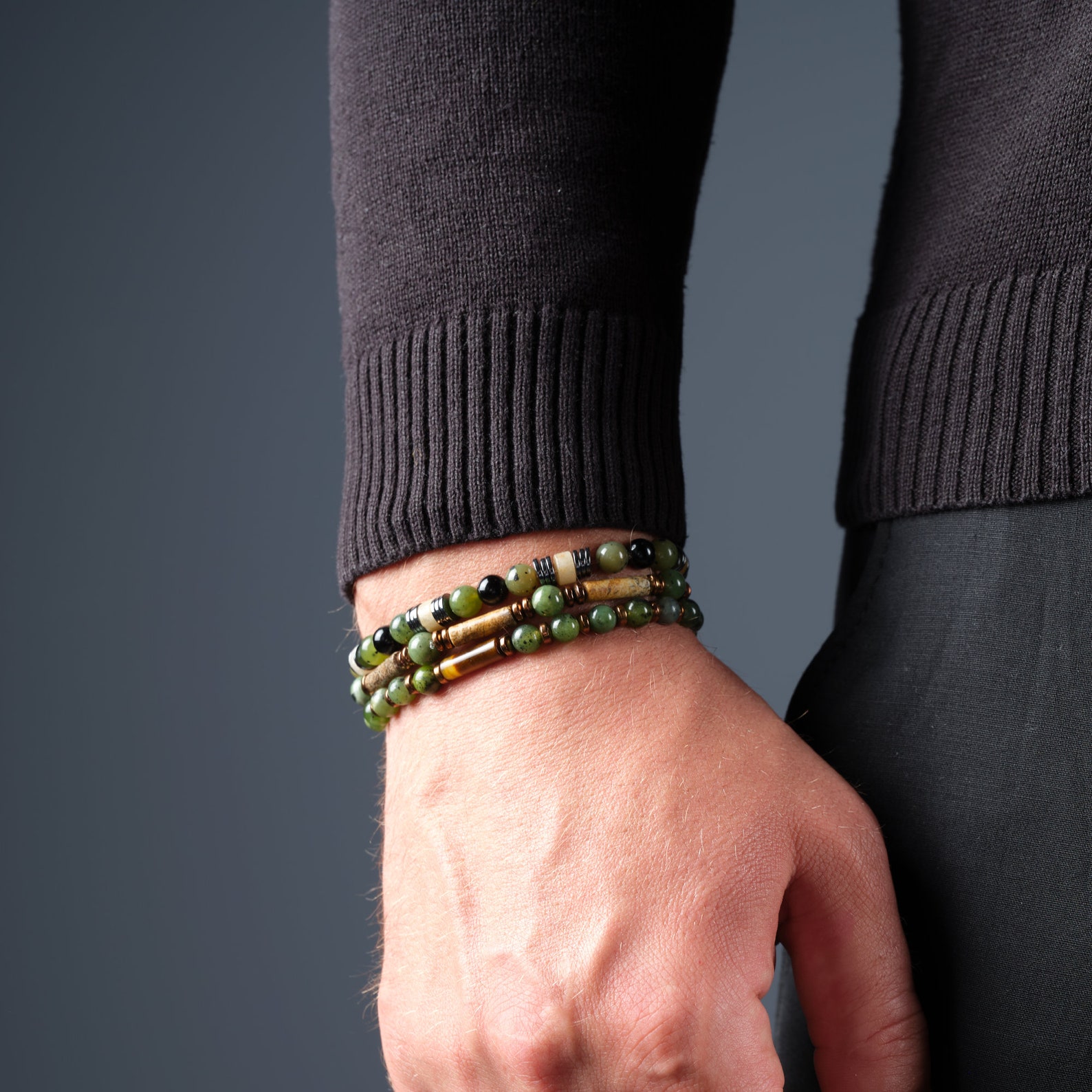 Certified Green Jade and Mixed Crystal Mens Bracelet Set, Real Jade ...