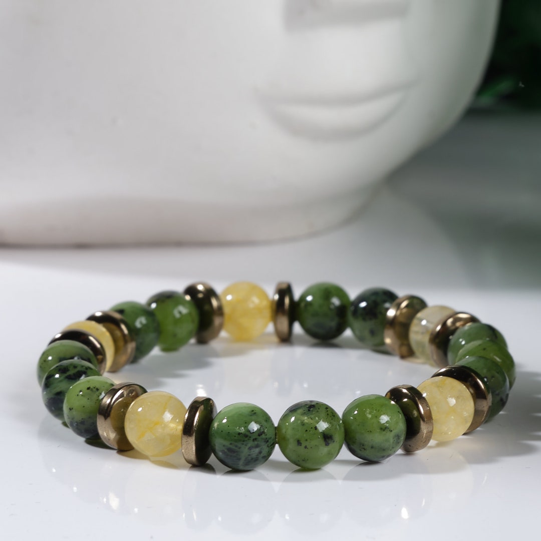 Mens Beaded Citrine & Jade Gemstone Bracelet, Boyfriend Gift Bracelet ...
