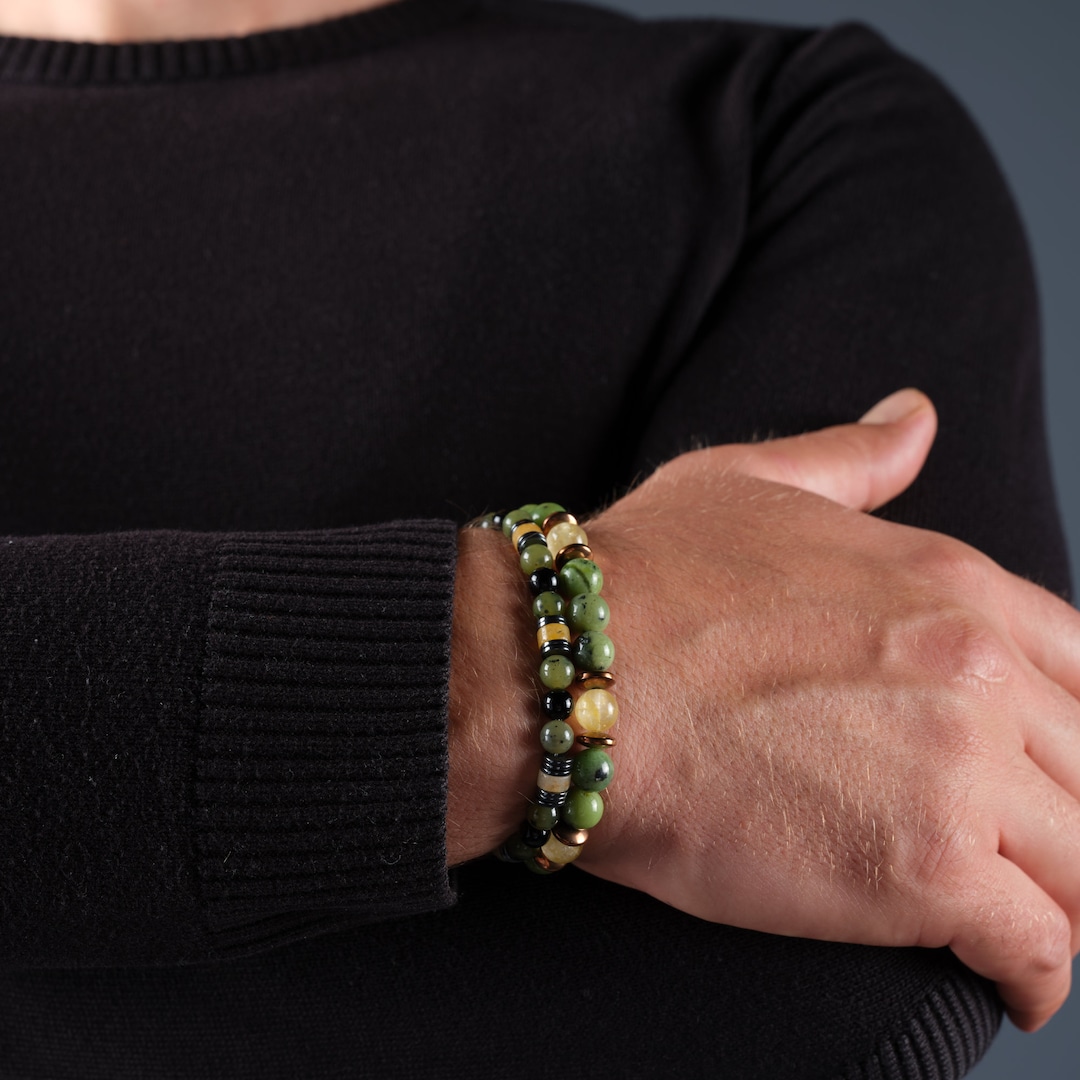 Green Jade Crystal Mens Bracelet Set, Bead Jade Men Bracelet, Bracelet ...