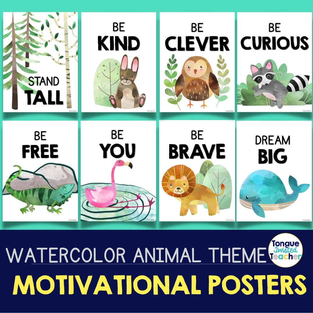 Watercolor Animal Theme Motivational Posters Classroom Decor Child's ...