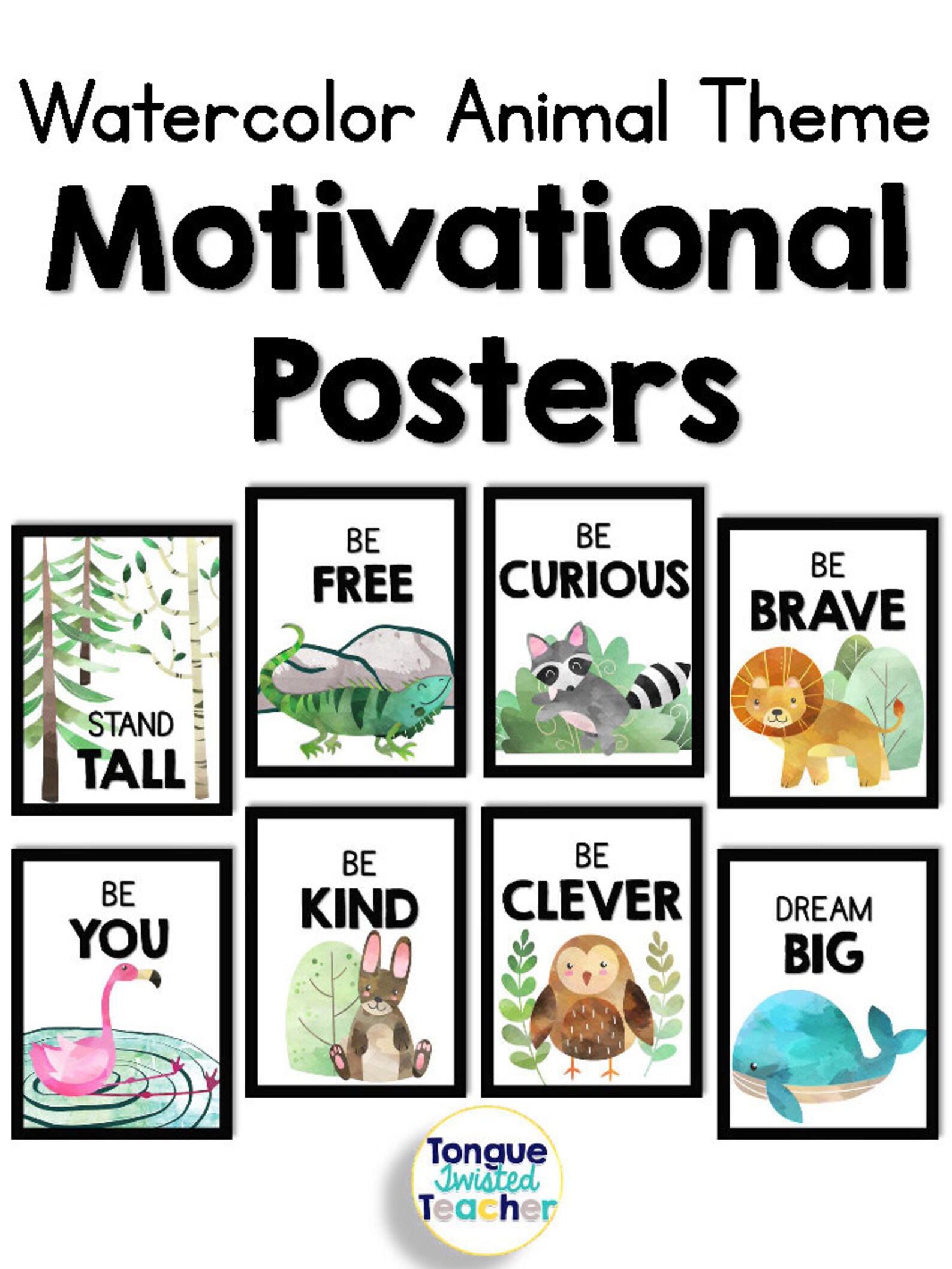 Watercolor Animal Theme Motivational Posters Classroom Decor Child's ...