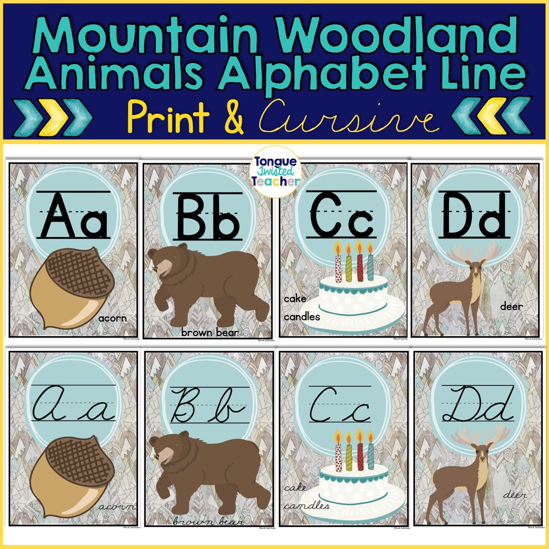 Mountain Woodland Animals Alphabet Line Print and Cursive - Etsy