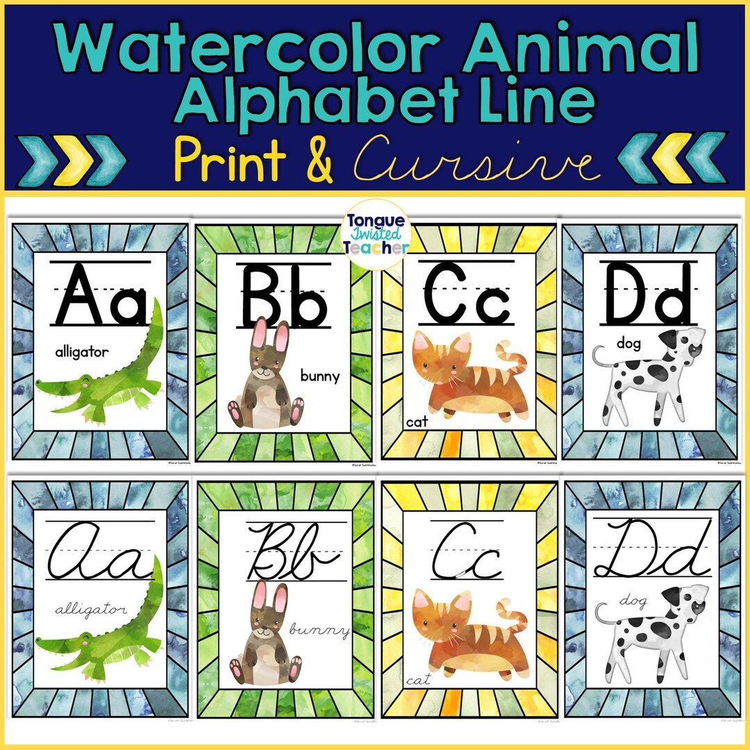 Watercolor Animal Theme Alphabet Line Print and Cursive - Etsy