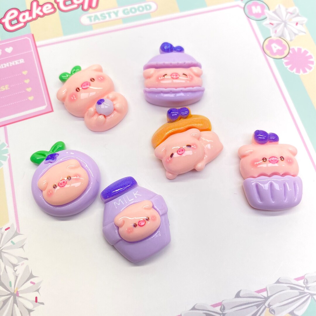 6pc Kawaii Blueberry Pancake Piggy Charms ,foodie Pig Cabochons, Flat ...