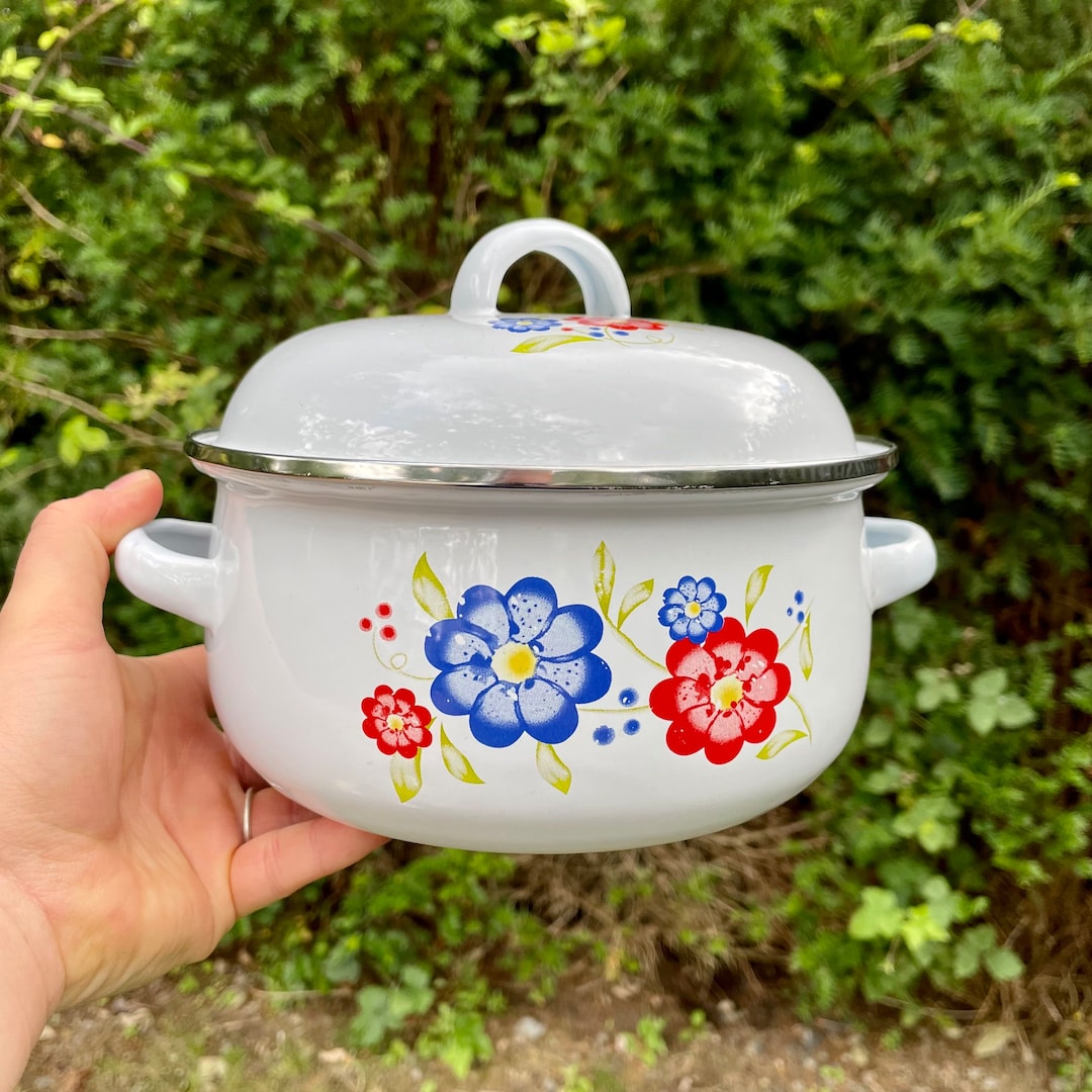 Floral Cooking Pot Metal Enamel With Blue Red Flowers - Etsy
