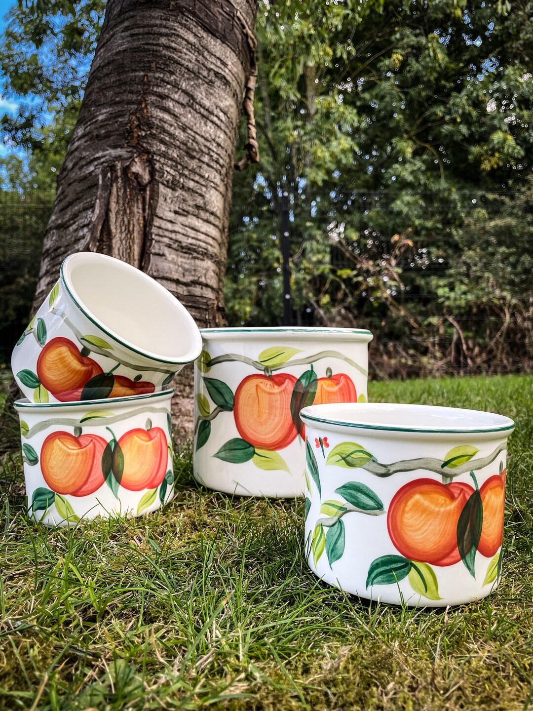 Portmeirion "peach Tree" Plant Pots Set Peaches Hand Painted 3 Small 1 ...