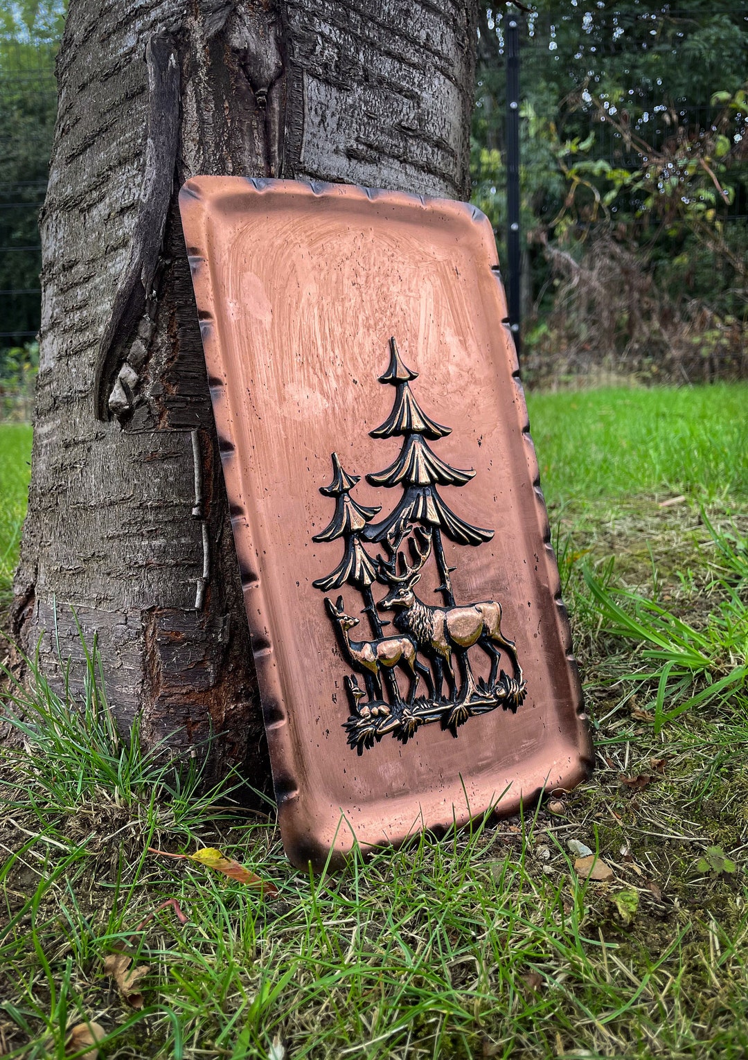 Wall Plate Rectangular Copper Stag Deer Forest Tree Wildlife Metal Art ...