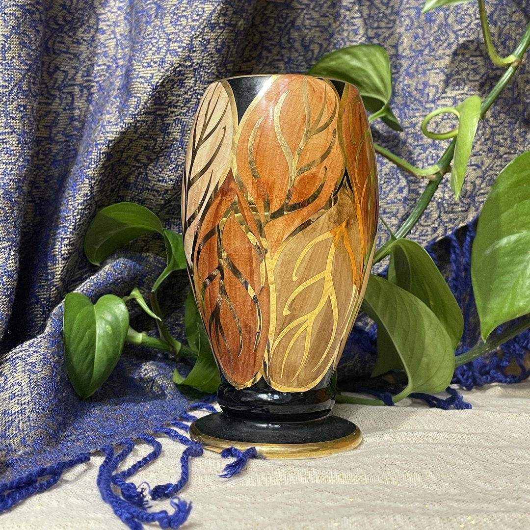 Elongated Vase Base Footed Round Black Brown and Gold Leaf Old Court ...