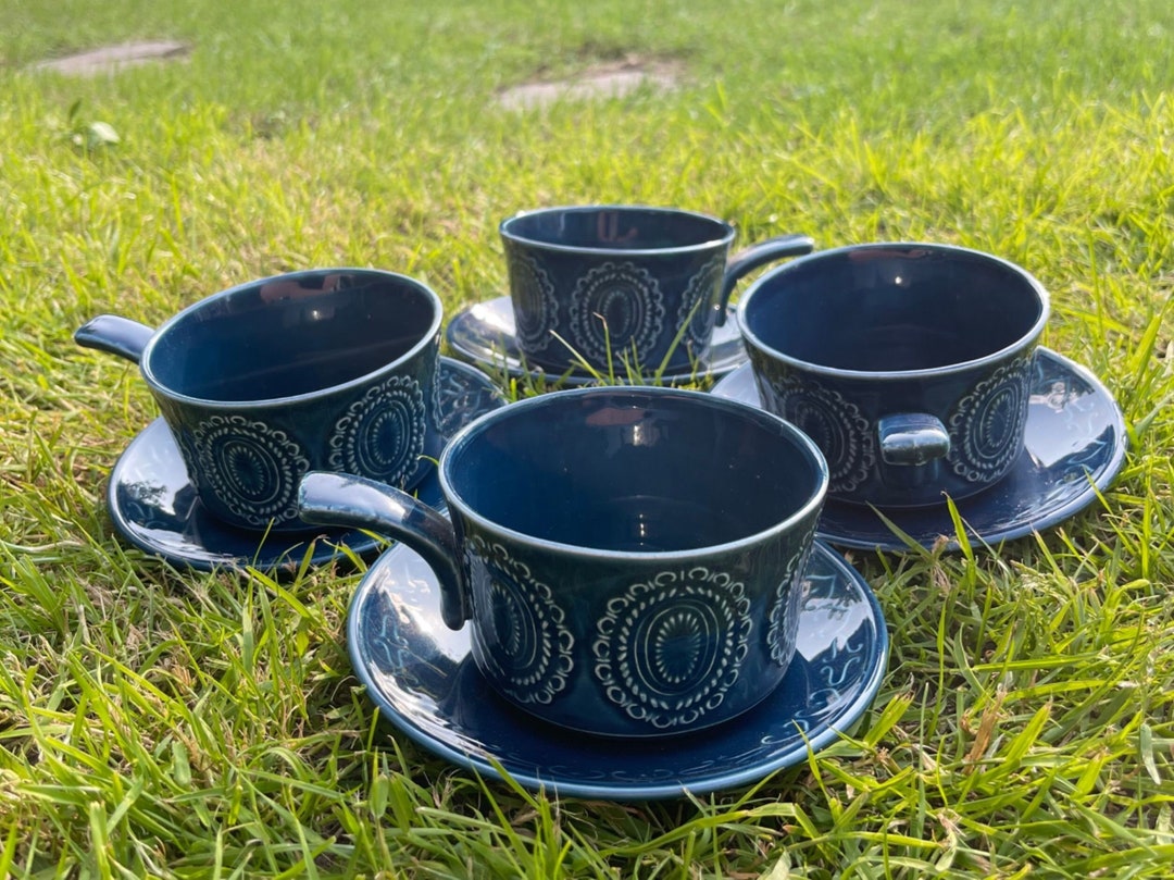 Set of 4 Tams Matching Cup and Saucer Elegant Piece Dark Blue Ceramic ...