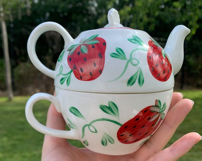 Stacking Teapot and Cup Brian Wood White Hand Painted Strawberries ...
